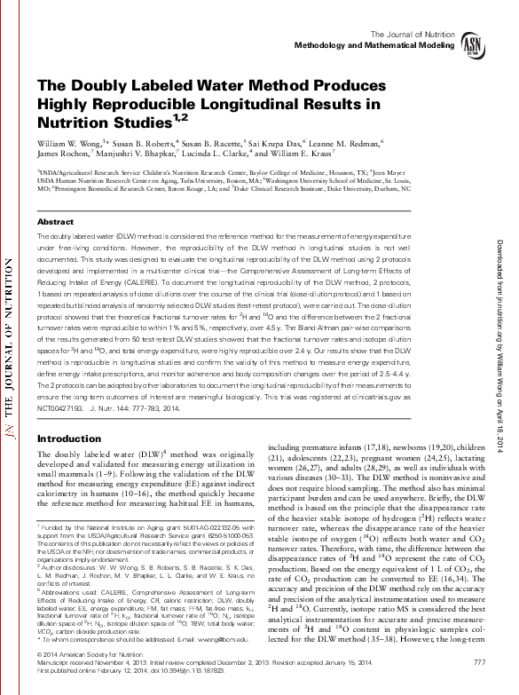 (PDF) DLW Method: High Reproducibility in Nutrition