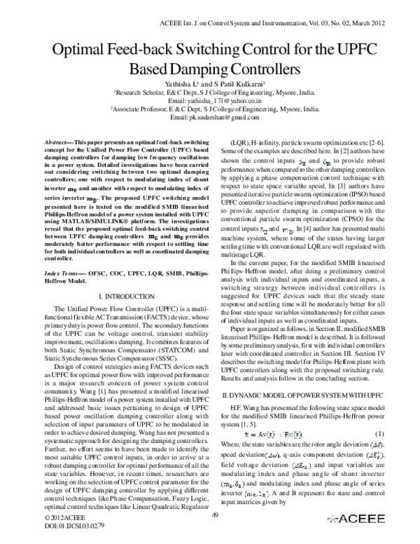 (PDF) Optimal Feed-back Switching Control for the UPFC Based Damping Controllers