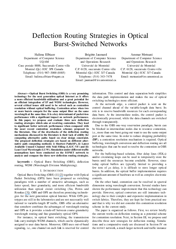 Pdf Deflection Routing Strategies In Optical Burst Switched Networks