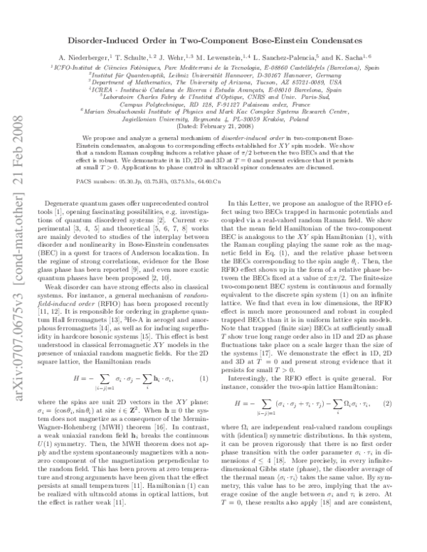 Pdf Disorder Induced Order In Two Component Bose Einstein Condensates