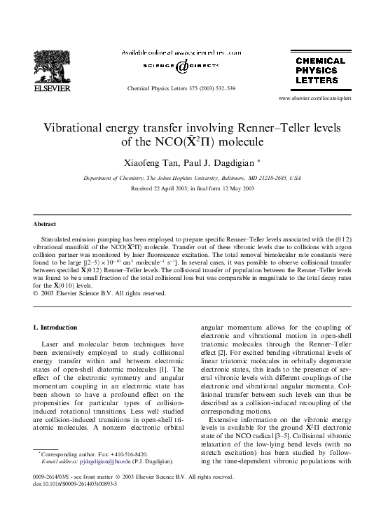 (PDF) Vibrational energy transfer involving Renner–Teller levels of the ...