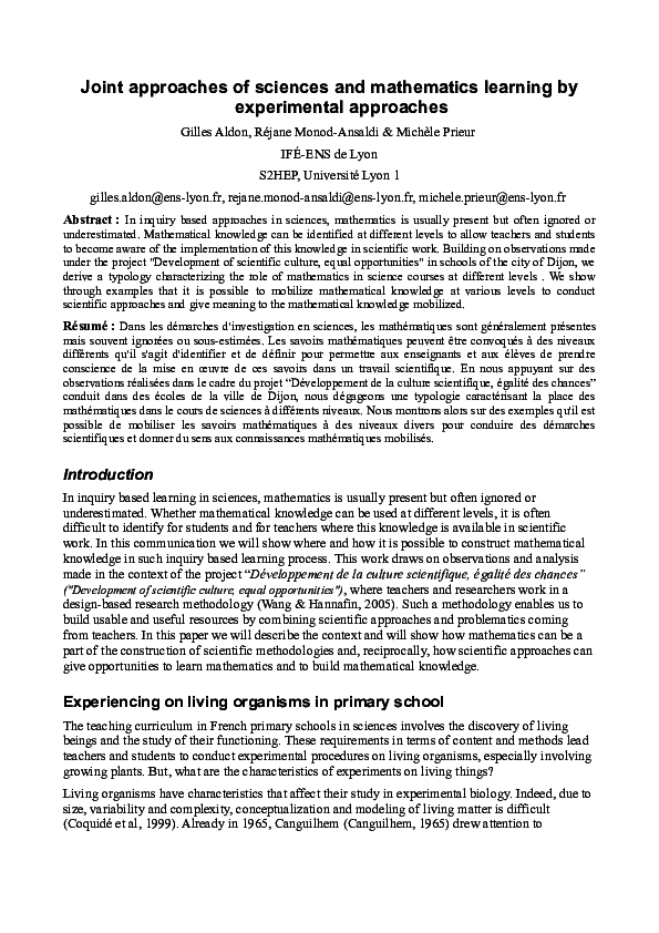 Pdf Joint Approaches Of Sciences And Mathematics Learning By Experimental Approaches