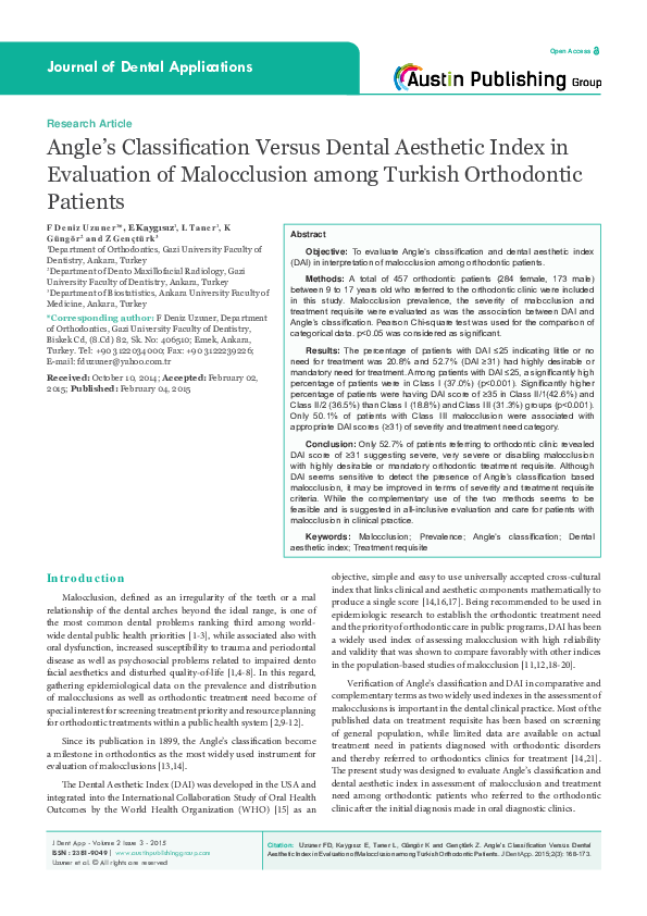 (PDF) Angle’s Classification Versus Dental Aesthetic Index in