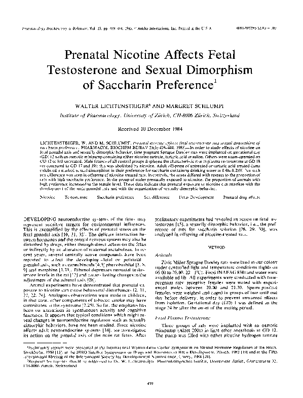 (PDF) Prenatal nicotine affects fetal testosterone and sexual ...
