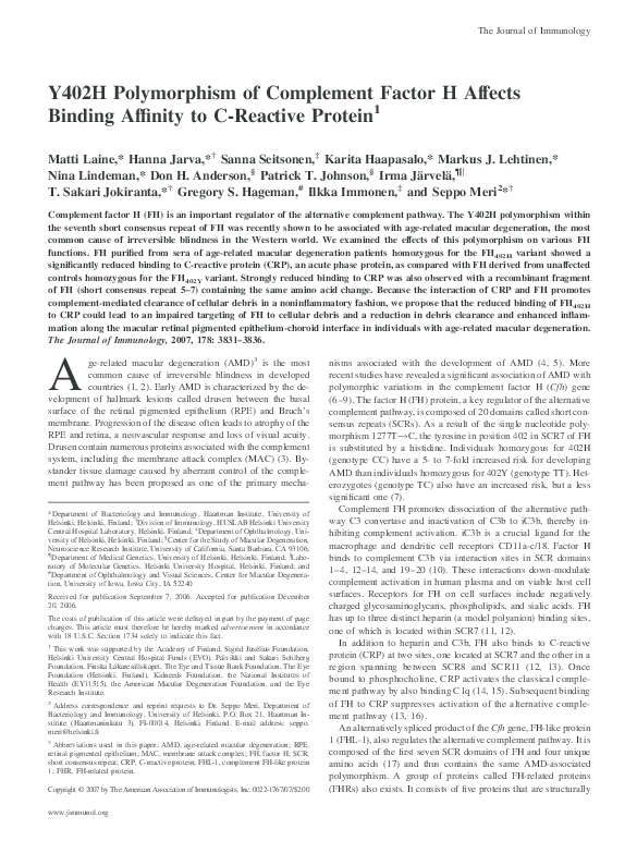 (PDF) Y402H polymorphism of complement factor H affects binding affinity to C-reactive protein