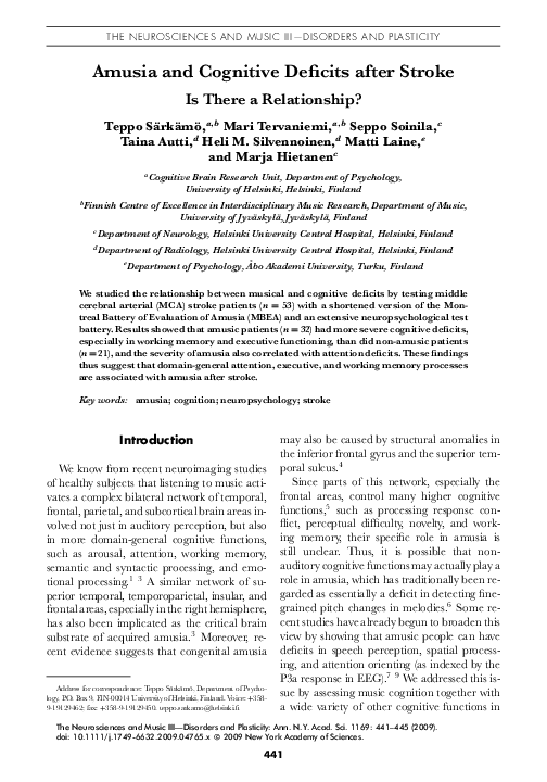 (PDF) Amusia and Cognitive Deficits after Stroke