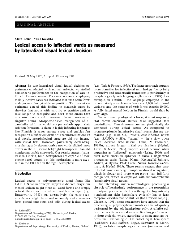 (PDF) Lexical access to inflected words as measured by lateralized visual lexical decision