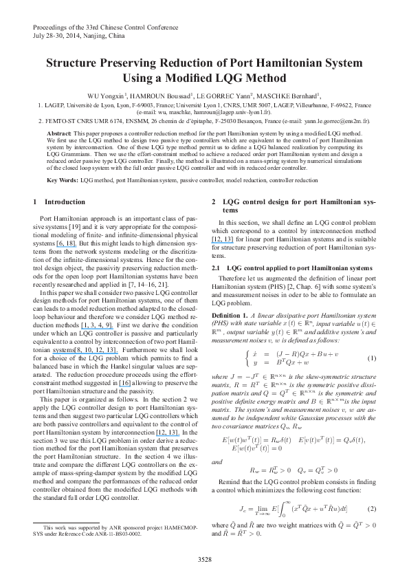 (PDF) Structure preserving reduction of port hamiltonian system using a modified LQG method
