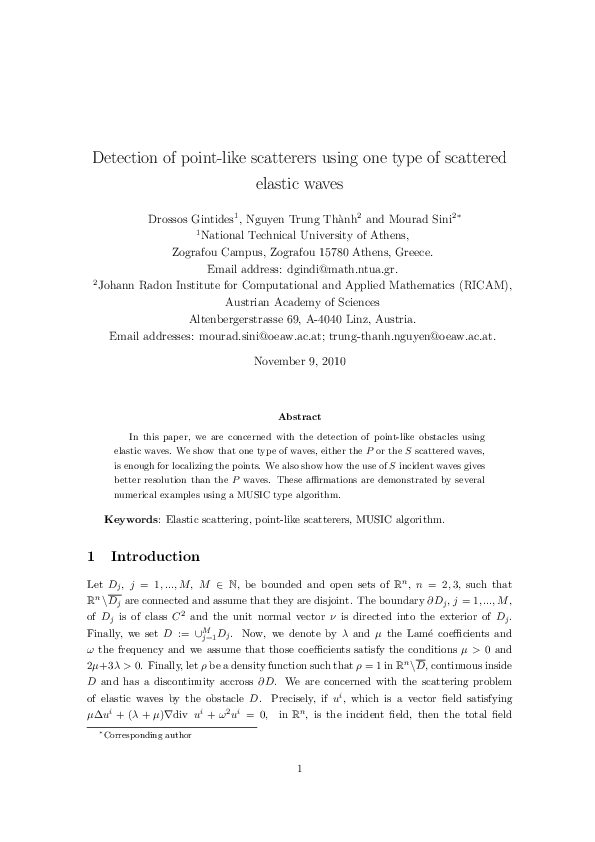 (PDF) Detection of point-like scatterers using one type of scattered elastic waves