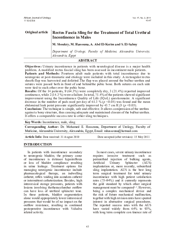 (PDF) Rectus fascia sling for the treatment of total urethral ...