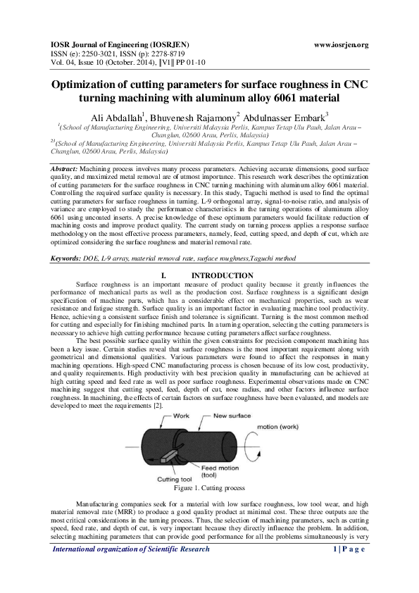 Pdf Optimization Of Cutting Parameters For Surface Roughness In Cnc