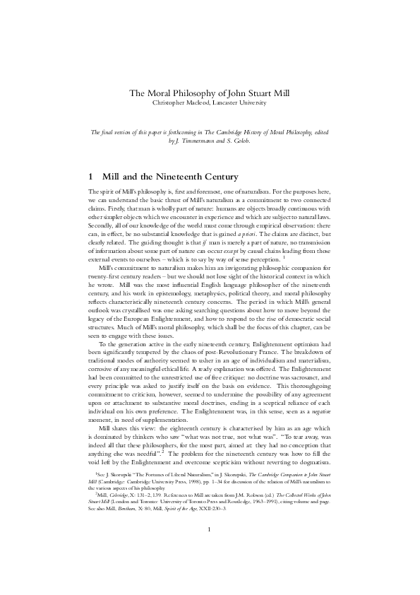 The Moral Philosophy of John Stuart Mill (The Cambridge History of ...