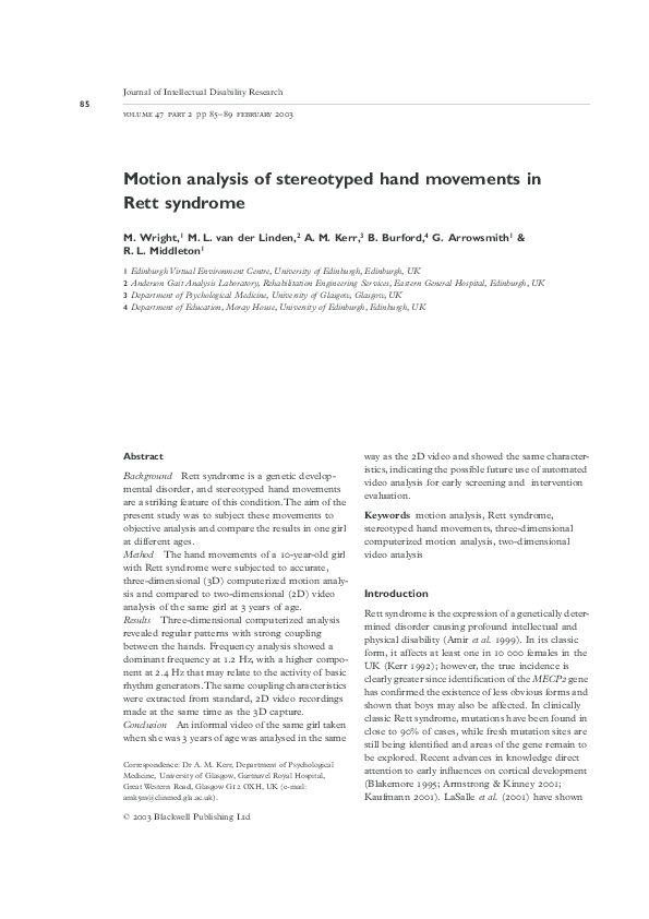 (PDF) Motion analysis of stereotyped hand movements in Rett syndrome