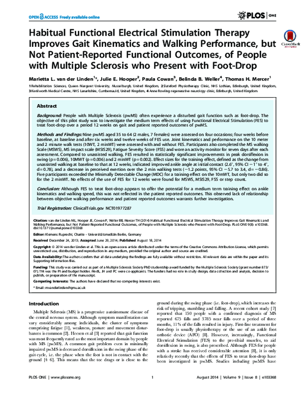 (PDF) Habitual Functional Electrical Stimulation Therapy Improves Gait ...