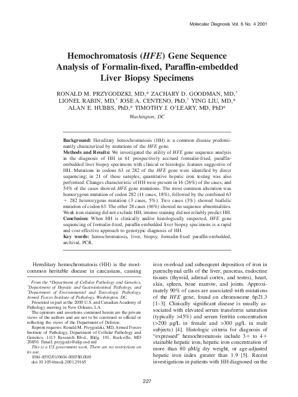 (PDF) Hemochromatosis (HFE) Gene Sequence Analysis of Formalin-fixed, Paraffin-embedded Liver ...