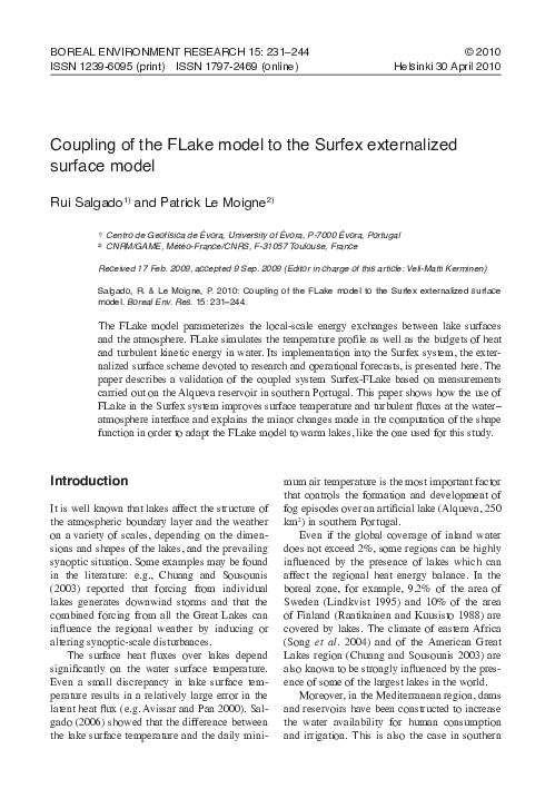 (PDF) Coupling of the FLake model to the Surfex externalized surface model