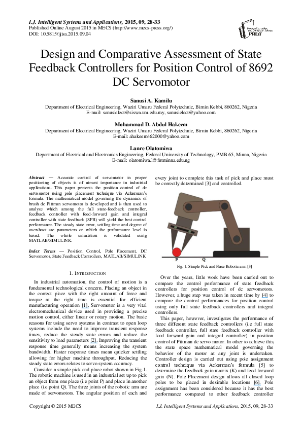 (PDF) Design and Comparative Assessment of State Feedback Controllers for Position Control of ...
