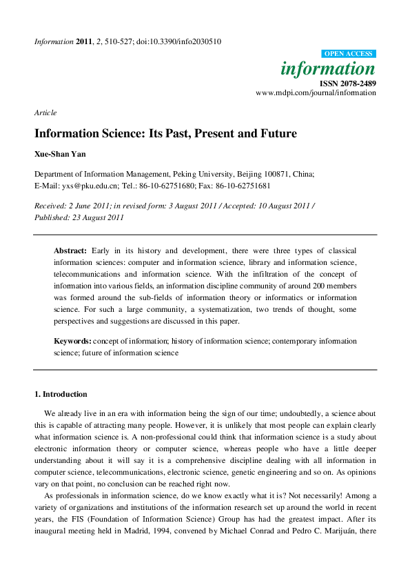 (PDF) Information Science: Its Past, Present and Future