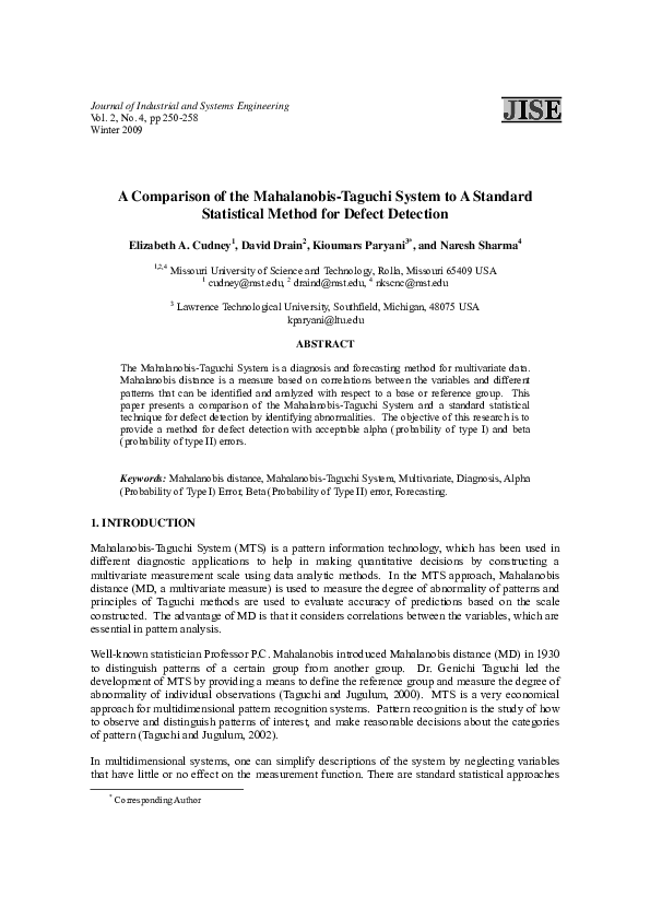 (PDF) A Comparison of the Mahalanobis-Taguchi System to A Standard Statistical Method for Defect ...