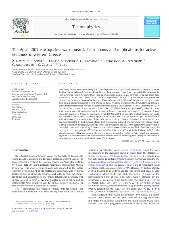 (PDF) The April 2007 earthquake swarm near Lake Trichonis and ...