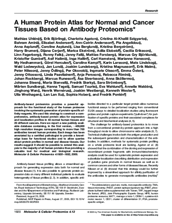 (PDF) A Human Protein Atlas for Normal and Cancer Tissues Based on Antibody Proteomics