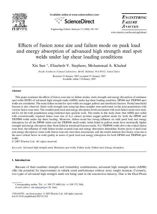 (PDF) Effects of fusion zone size and failure mode on peak load and energy absorption of ...