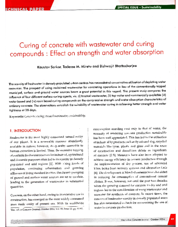 (PDF) Curing of concrete with wastewater and curing compounds : Effect on strength and water ...
