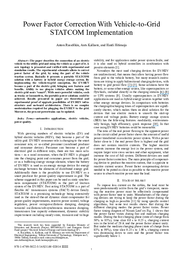 (PDF) Power factor correction with vehicle-to-grid STATCOM implementation