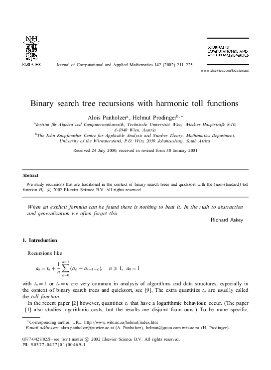 (PDF) Binary search tree recursions with harmonic toll functions