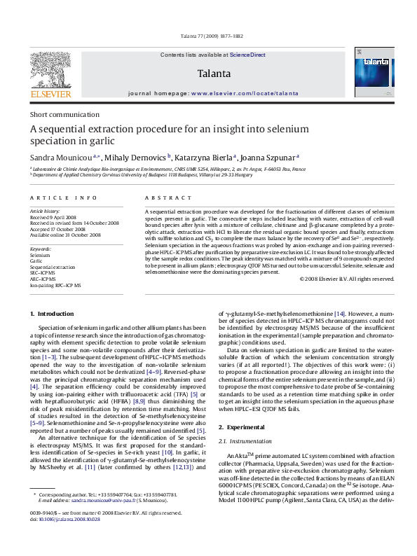 Pdf A Sequential Extraction Procedure For An Insight Into Selenium