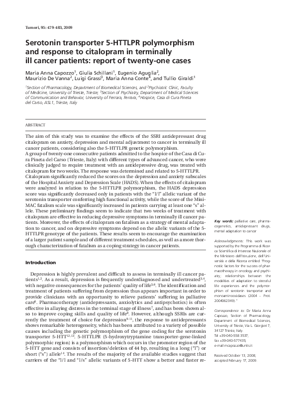 (PDF) Serotonin transporter 5-HTTLPR polymorphism and response to ...