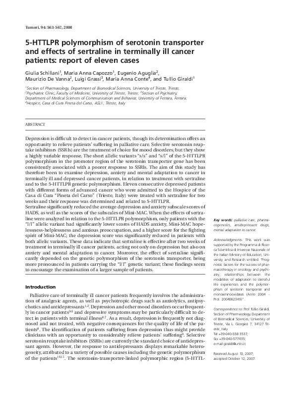 (PDF) 5-HTTLPR polymorphism of serotonin transporter and effects of ...