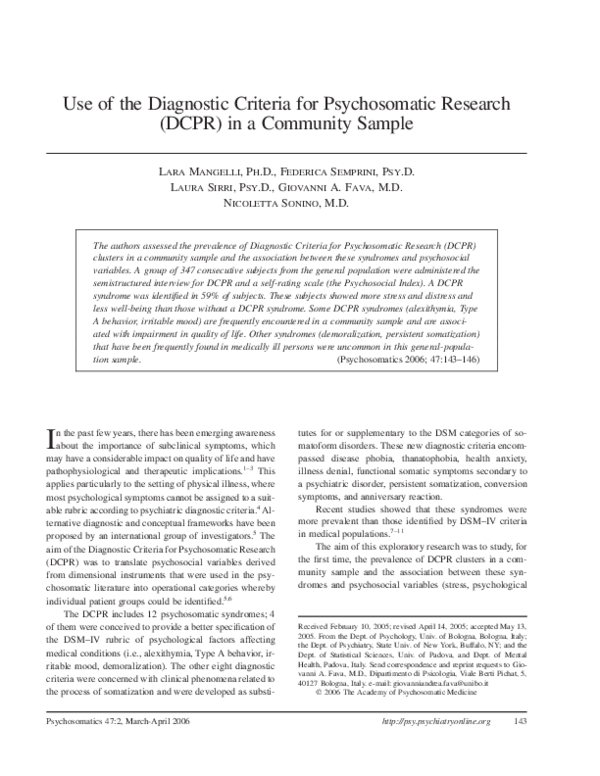 (PDF) Use of the diagnostic criteria for psychosomatic research (DCPR ...