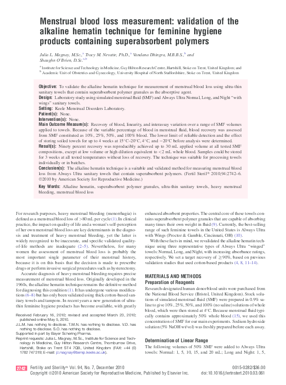 (PDF) Menstrual blood loss measurement: validation of the alkaline ...
