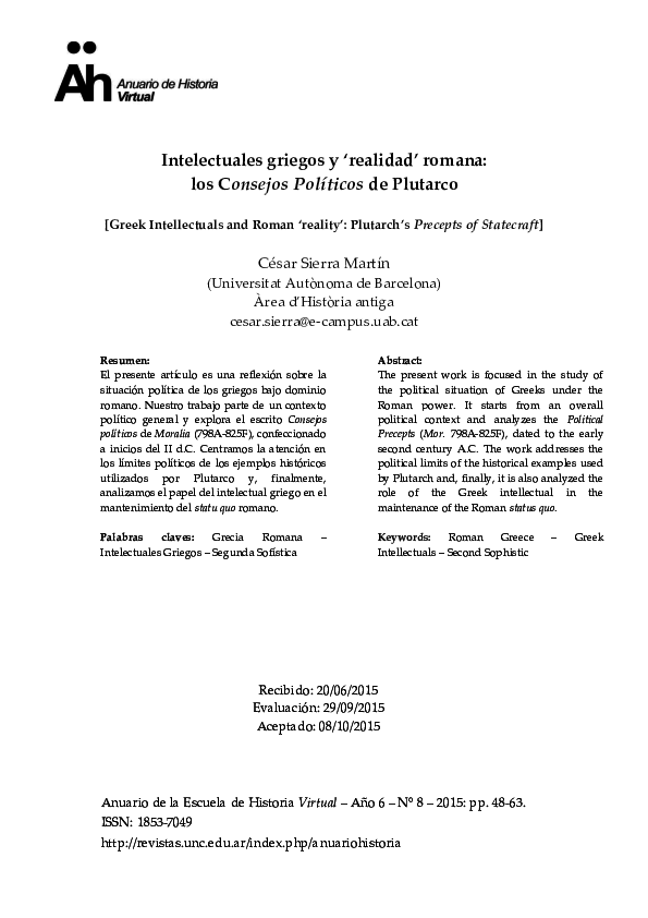(PDF) "Intelectuales griegos y 'realidad' romana: los Consejos ...