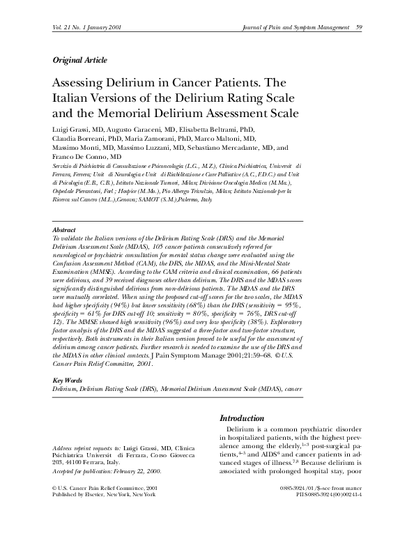 (PDF) Assessing Delirium in Cancer Patients. The Italian Versions of ...