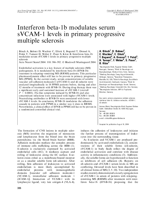 (PDF) Interferon beta-1b modulates serum sVCAM-1 levels in primary ...