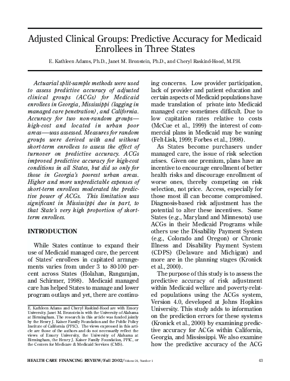 (PDF) Adjusted clinical groups: predictive accuracy for Medicaid ...