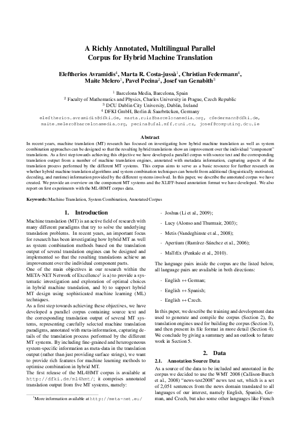 (PDF) A Richly Annotated, Multilingual Parallel Corpus for Hybrid Machine Translation