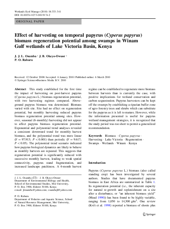 (PDF) Effect of harvesting on temporal papyrus (Cyperus papyrus ...