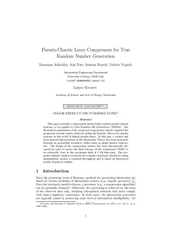 (PDF) Pseudo-Chaotic Lossy Compressors for True Random Number Generation