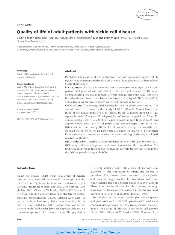 (PDF) Quality of life of adult patients with sickle cell disease