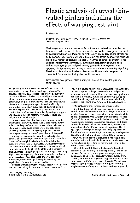 (PDF) Elastic analysis of curved thin-walled girders including the ...