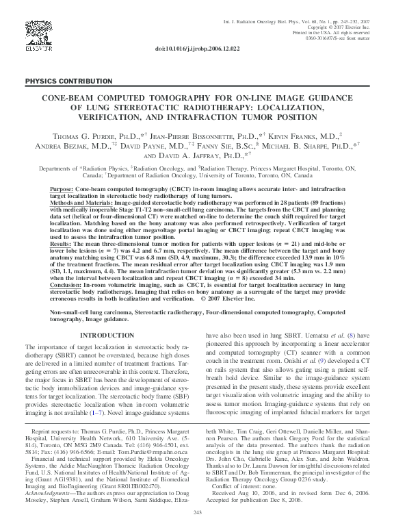 (PDF) Cone-Beam Computed Tomography for On-Line Image Guidance of Lung Stereotactic Radiotherapy ...