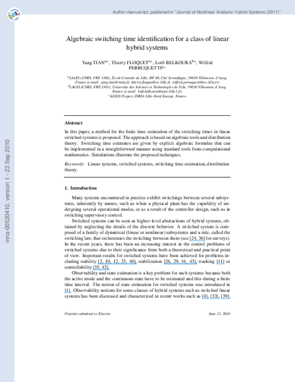 Pdf Algebraic Switching Time Identification For A Class Of Linear Hybrid Systems