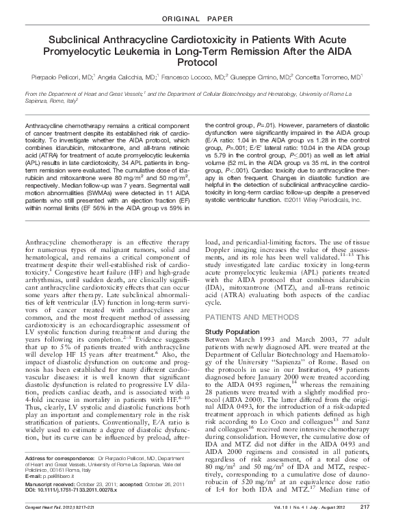 (PDF) Subclinical Anthracycline Cardiotoxicity in Patients With Acute ...