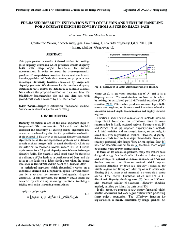 (PDF) PDE-based disparity estimation with occlusion and texture handling for accurate depth ...
