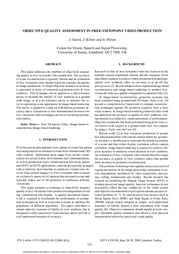 Pdf Objective Quality Assessment In Free Viewpoint Video Production