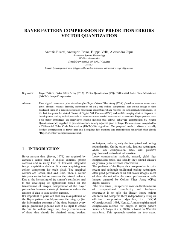 Pdf Bayer Pattern Compression By Prediction Errors Vector Quantization