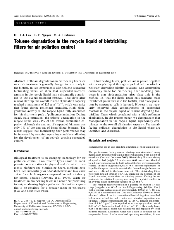 (PDF) Toluene degradation in the recycle liquid of biotrickling filters ...